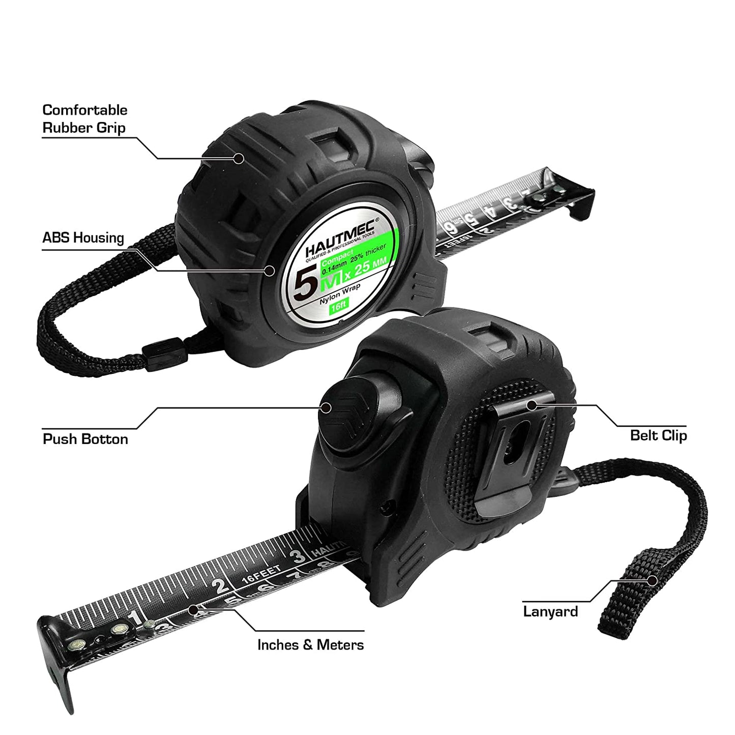 HAUTMEC 16 Ft (5m) Heavy Duty AutoLock Black Tape Measure, Self-Lock, – Hautmectools