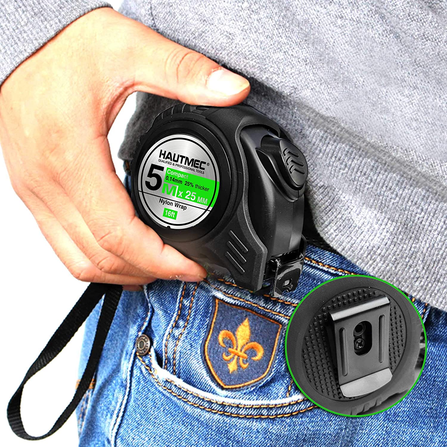 HAUTMEC 16 Ft (5m) Heavy Duty AutoLock Black Tape Measure, Self-Lock, – Hautmectools